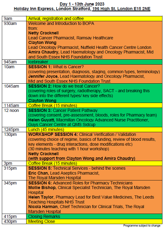 Agenda - BOPA Introduction to Oncology Course 2023 London Cohort - BOPA