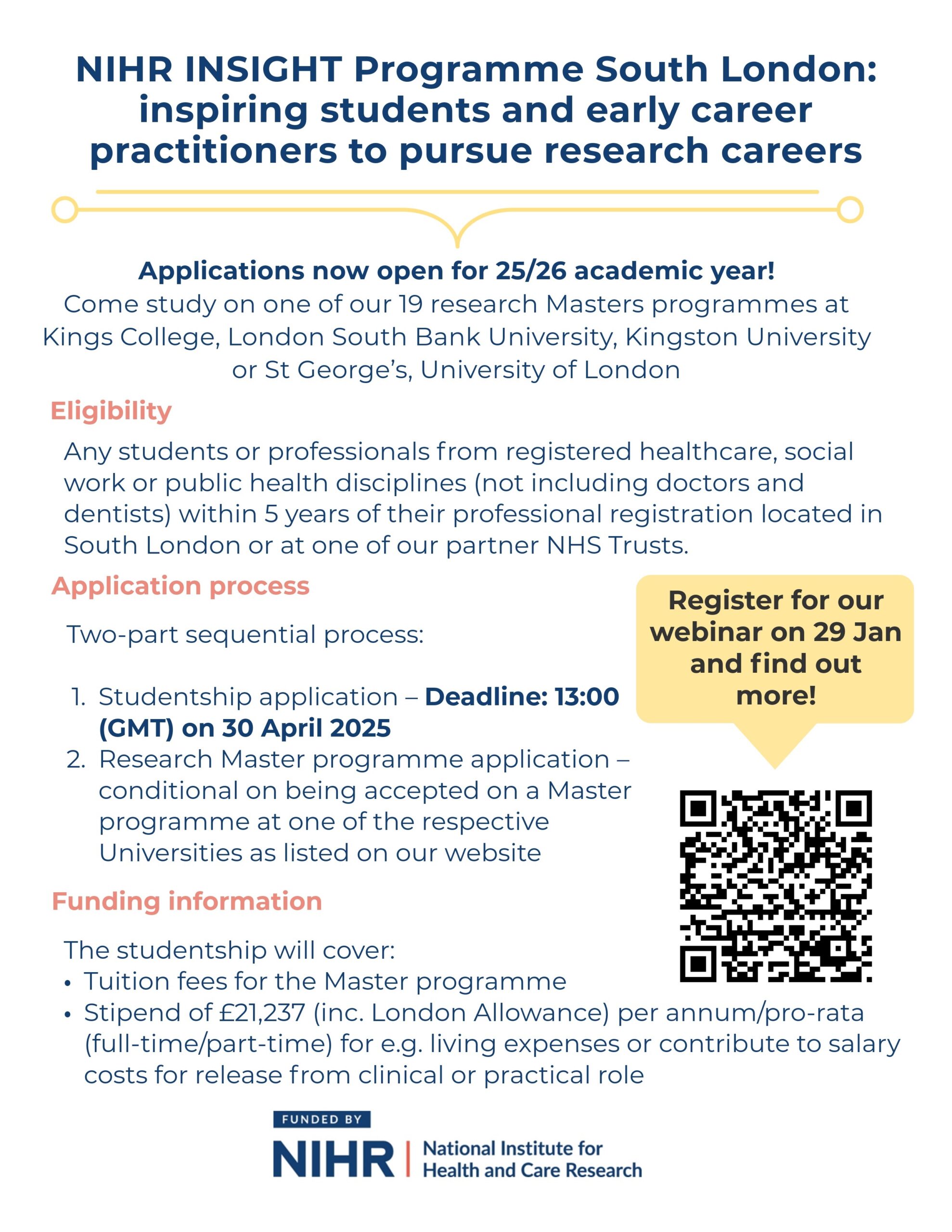 NIHR INSIGHT Programme South London Research Masters Studentships 2025/ ...